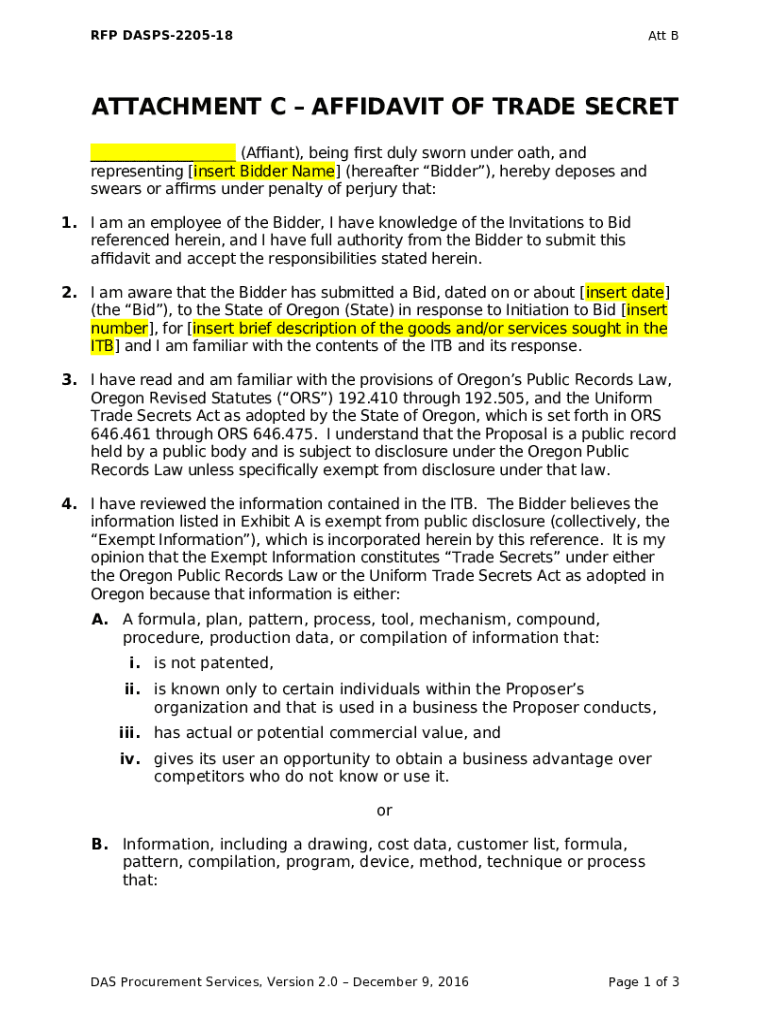 RFP template Att B - affidavit of trade secret Doc Template | pdfFiller