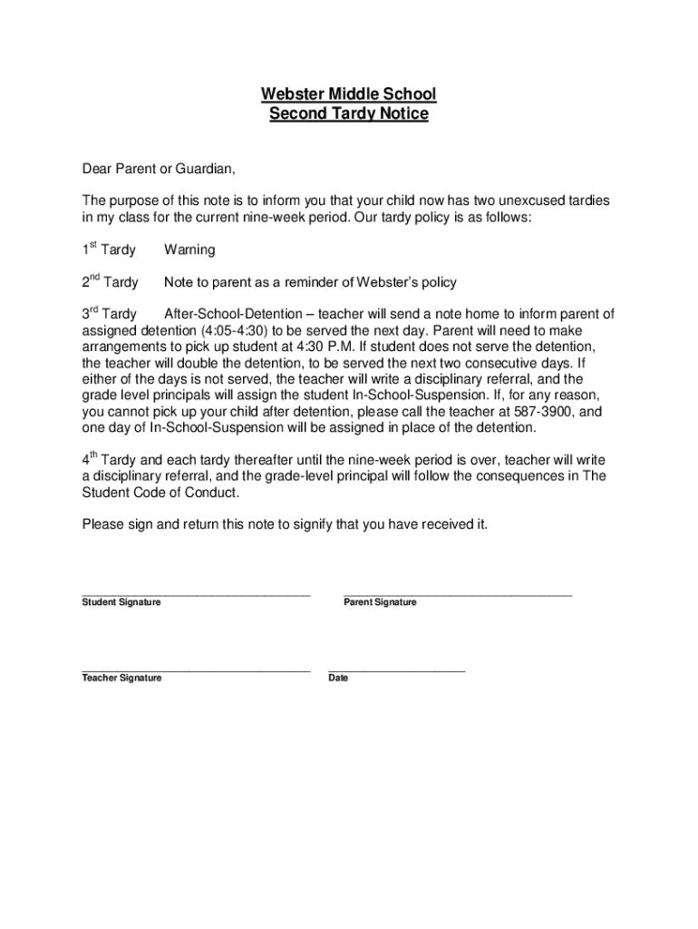 Fillable Online Webster Middle School Second Tardy Notice Fax Email ...