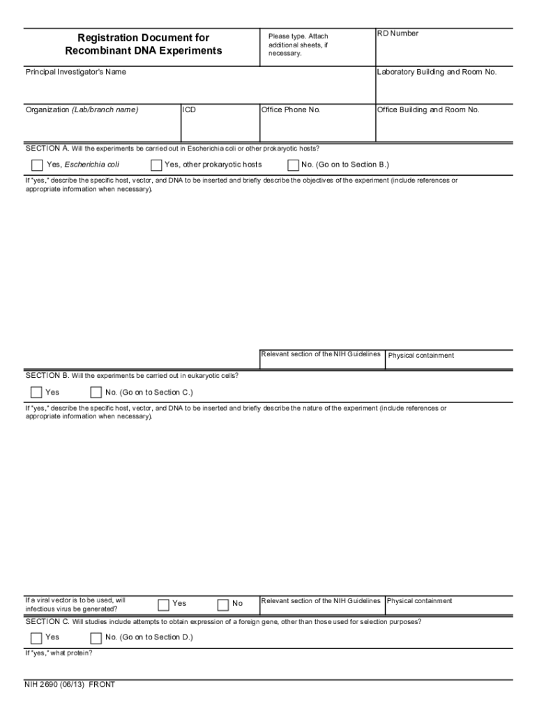 Fillable Online oma od nih FORM NIH 2690. Registration Document for Recombinant DNA Experiments ...