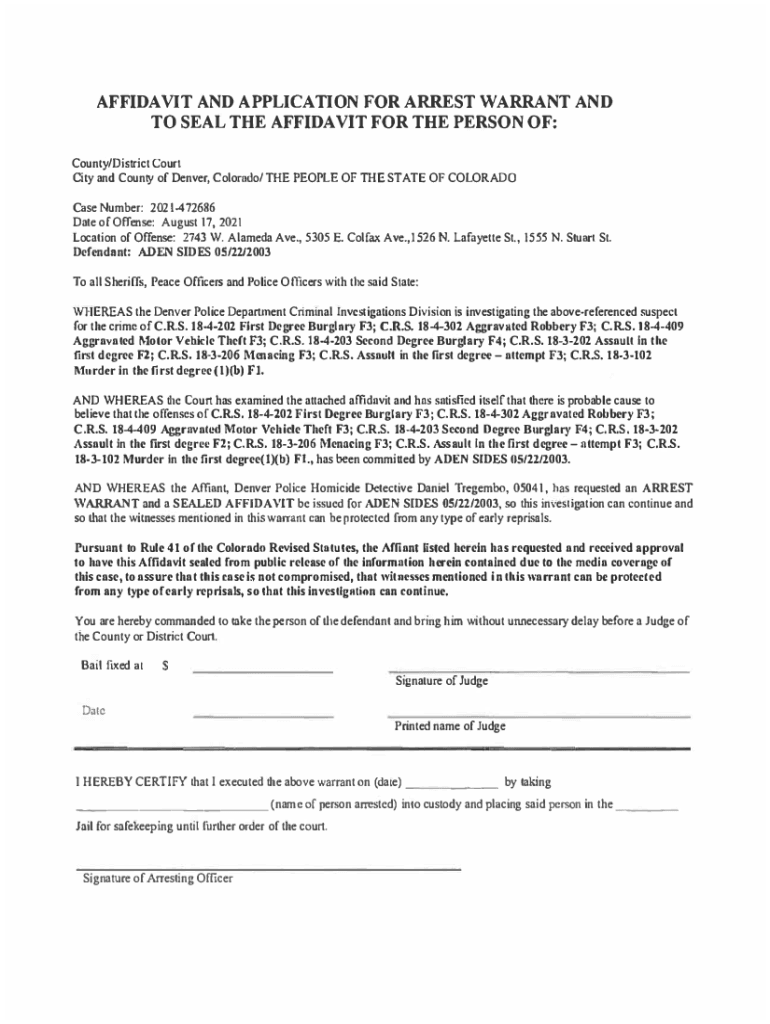 Fillable Online AFFIDAVIT AND APPLICATION FOR ARREST WARRANT AND TO ...