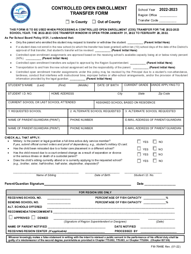 Fillable Online CONTROLLED OPEN ENROLLMENT TRANSFER FORM Fax Email Print - pdfFiller