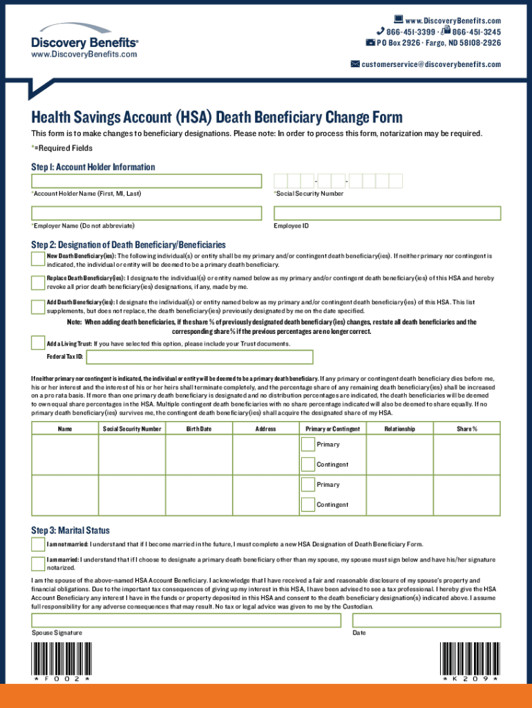 Fillable Online Health Savings Account (HSA) Death Beneficiary Change ...
