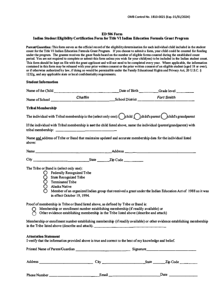 Fillable Online Fillable Online ED 506 Form Indian Student Eligibility ...