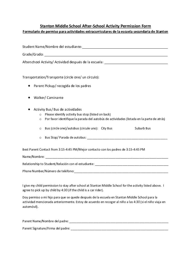 Fillable Online Stanton Middle School After-School Activity Permission ...