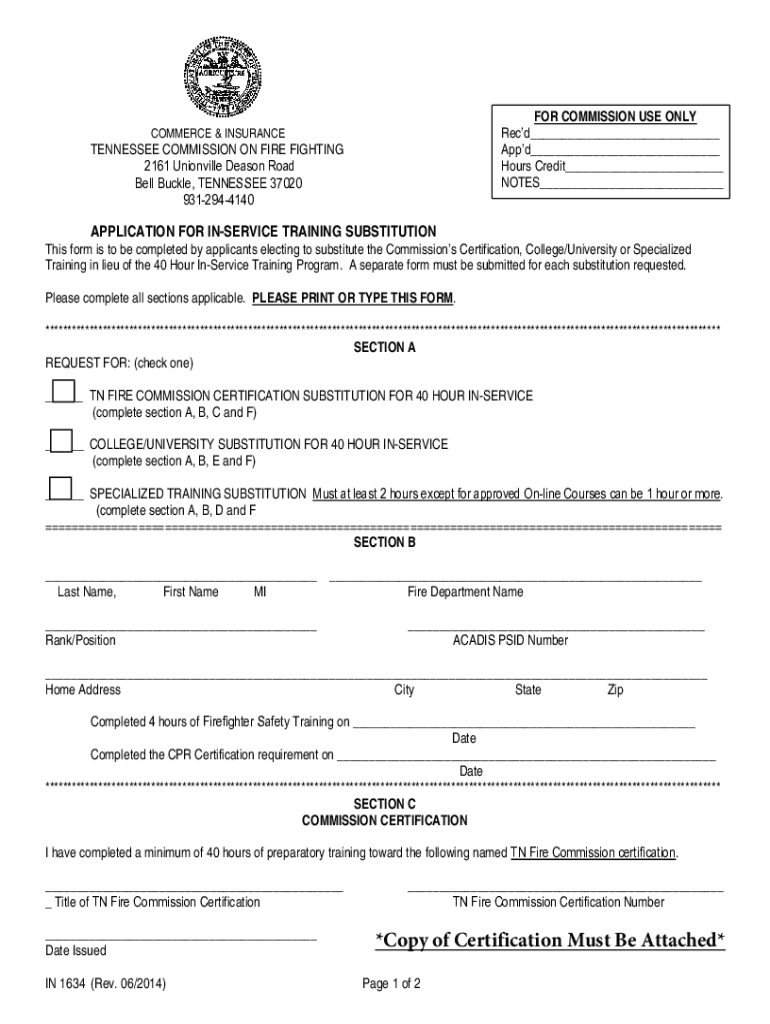 Fillable Online APPLICATION FOR IN-SERVICE TRAINING SUBSTITUTION Fax ...