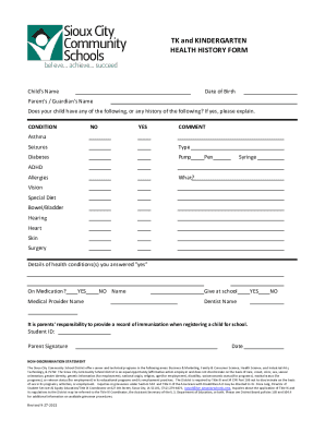 Fillable Online TK and KINDERGARTEN HEALTH HISTORY FORM - Sioux ... Fax ...