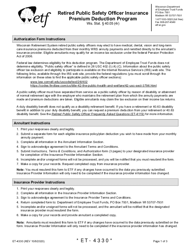 Fillable Online etf wi Wisconsin Department Retired Public Safety Officer ... Fax Email Print ...
