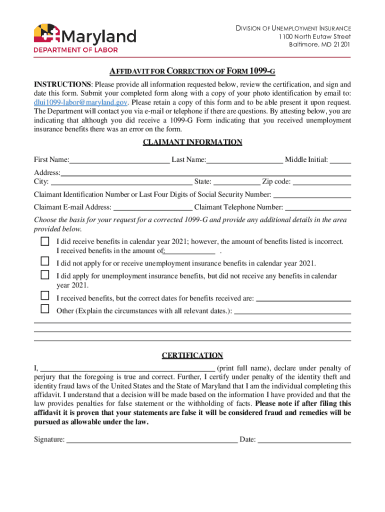 Fillable Online AFFIDAVIT FOR CORRECTION OF FORM 1099-G - Maryland Fax ...