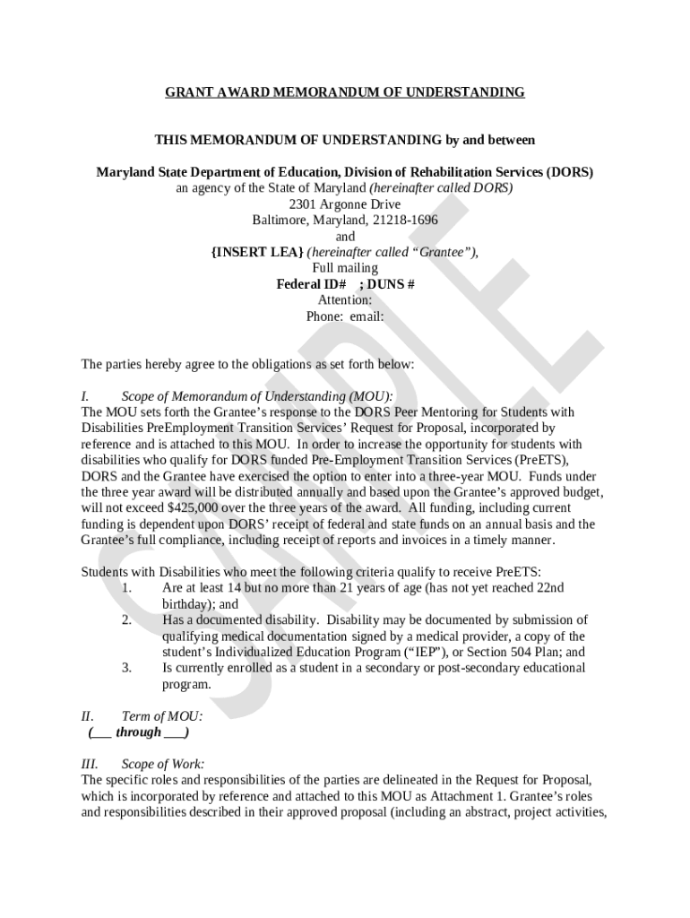 GRANT AWARD AGREEMENT Doc Template | pdfFiller