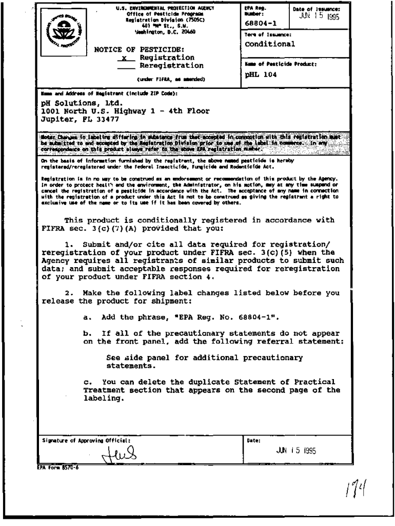 Fillable Online U.S. EPA, Pesticide Product Label, PHL 104, 06/15/1995 ...