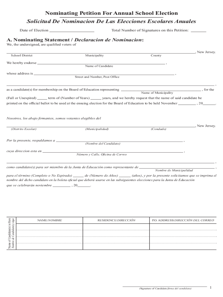 Fillable Online Nominating Petition For Annual School Election Solicitud De ... Fax Email Print ...