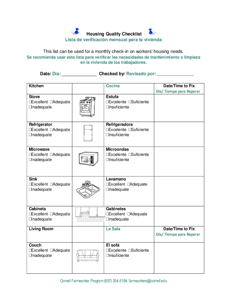 Fillable Online Housing Quality Checklist Lista de verificacin mensual ...