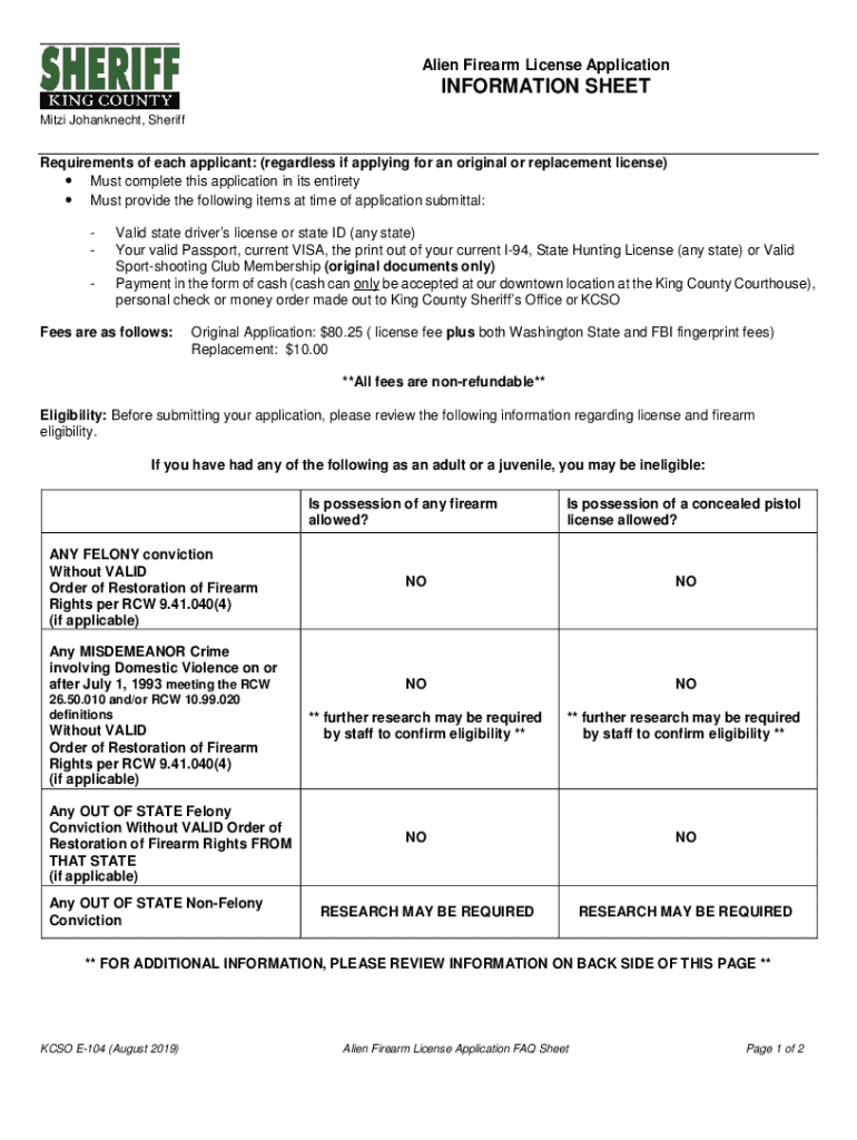 Fillable Online Alien firearms license - King CountyAlien firearms ...
