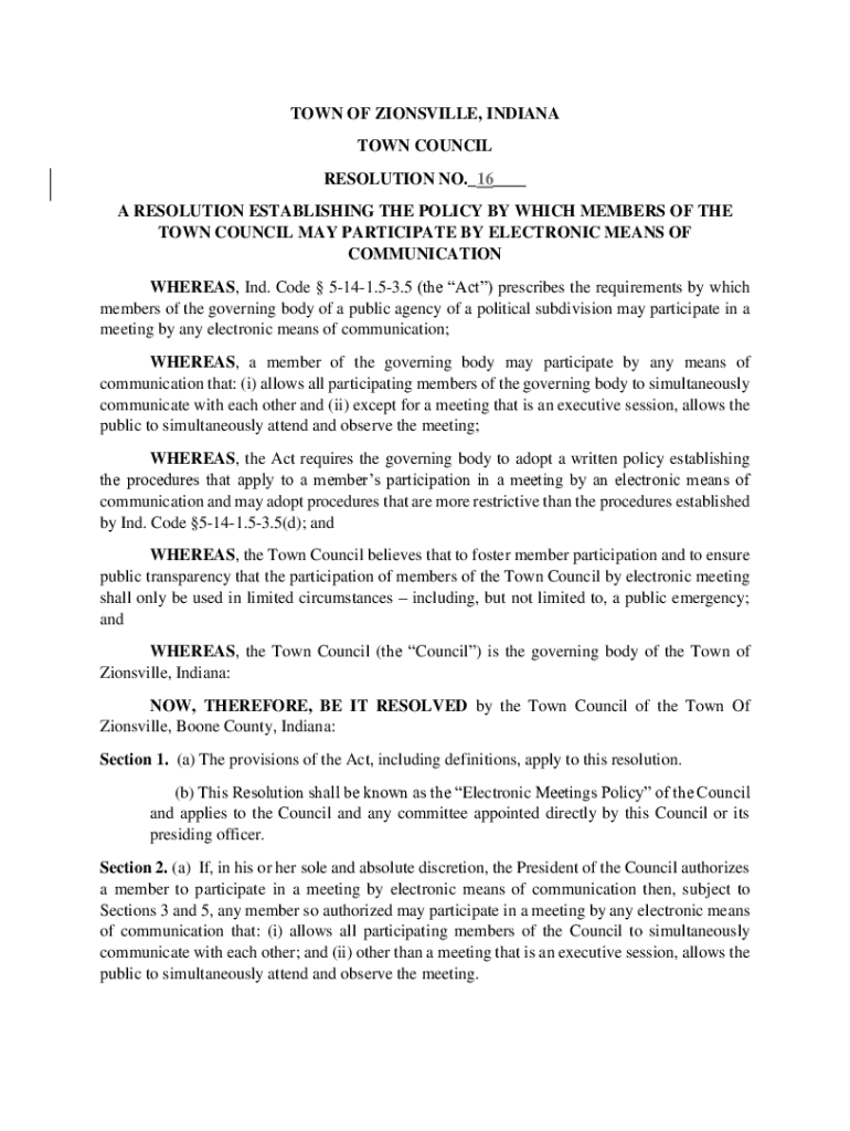 Fillable Online TOWN OF ZIONSVILLE, INDIANA TOWN COUNCIL RESOLUTION NO ...