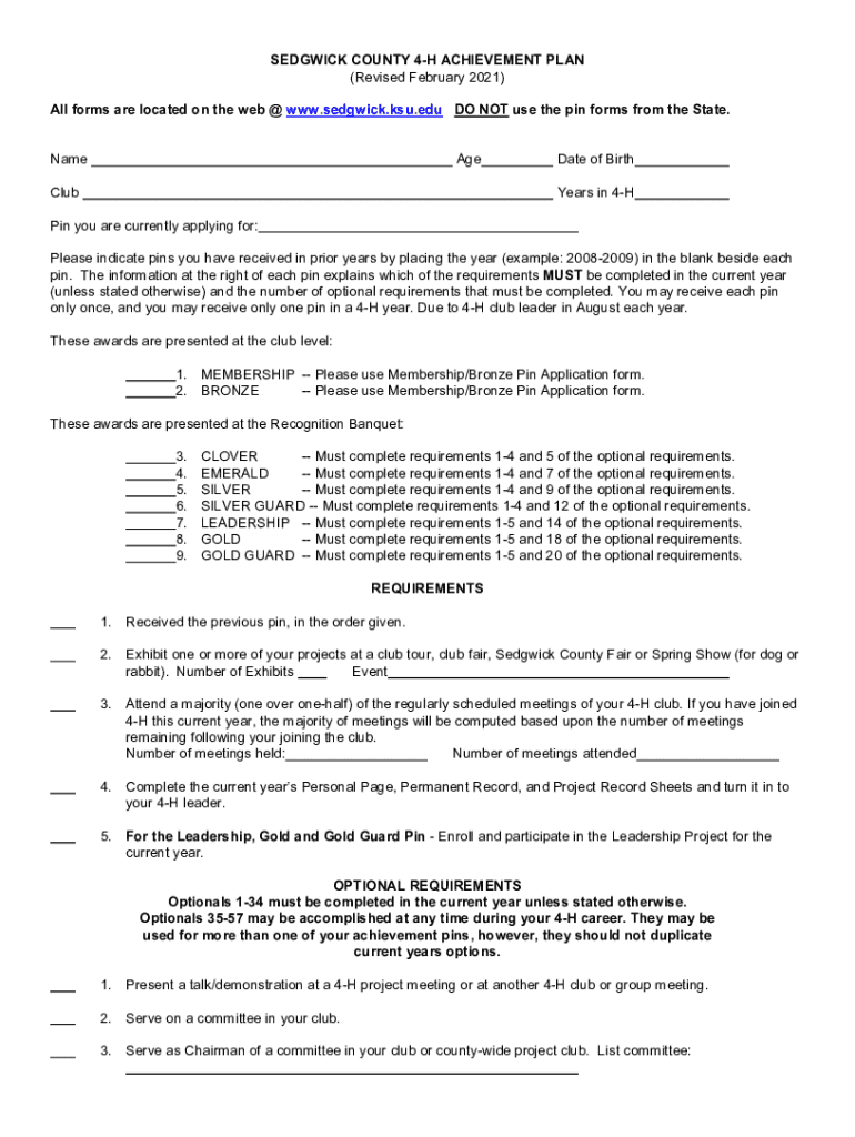 Fillable Online SEDGWICK COUNTY 4-H ACHIEVEMENT PLAN All forms are ...