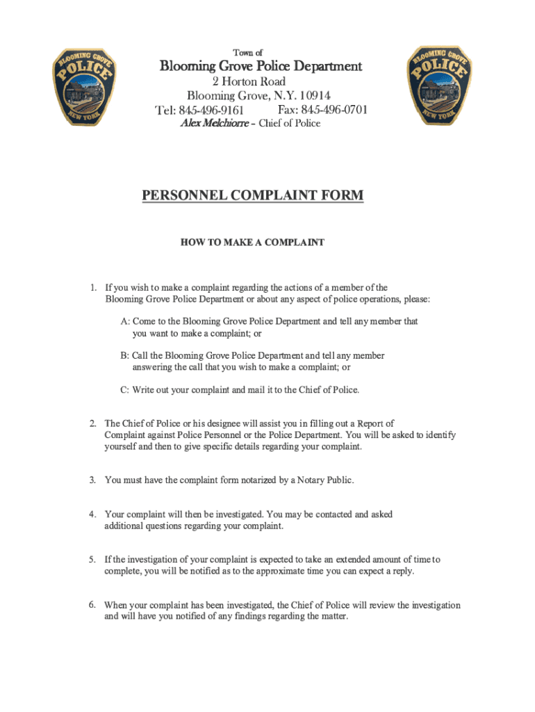 Fillable Online Blooming Grove Police Department PERSONNEL COMPLAINT ...
