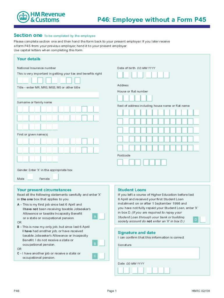 Fillable Online P46: Employee without a form P45 - fillanypdf.com Fax ...