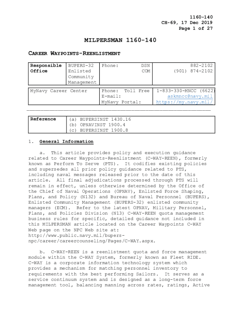 Fillable Online MILPERSMAN 1160-140 C WAYPOINTS-REENLISTMENT Fax Email ...