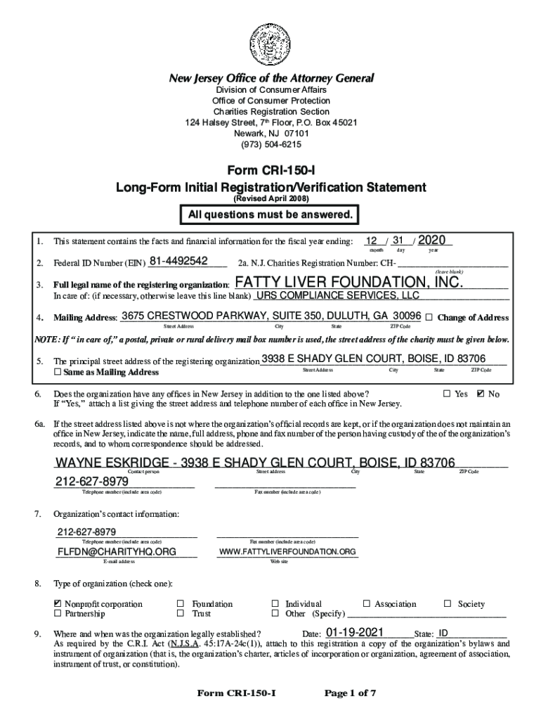 Fillable Online Form CRI-150-I Long-Form Initial Registration ...