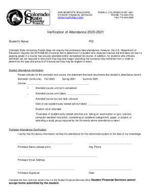 Fillable Online Verification of Attendance Form - csupueblo.edu Fax ...