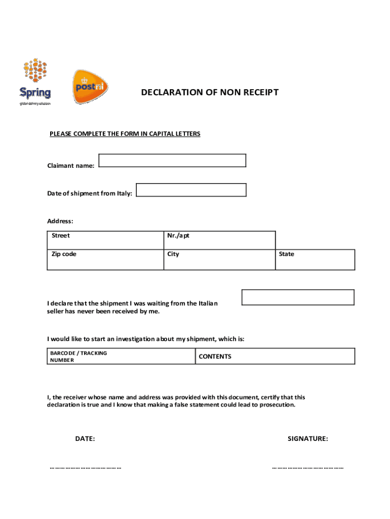 Fillable Online DECLARATION OF NON RECEIPT - spring-gds.com Fax Email ...