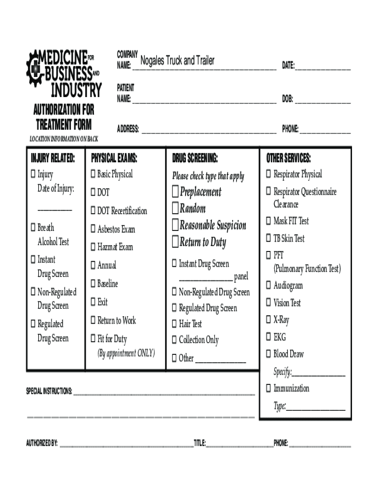 Fillable Online PATIENT NAME: DOB: AUTHORIZATION FOR TREATMENT Fax ...
