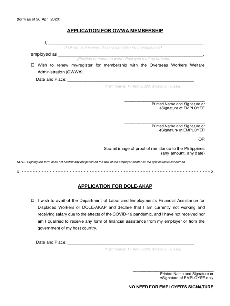 Fillable Online moscowpe dfa gov APPLICATION FOR OWWA MEMBERSHIP Fax ...