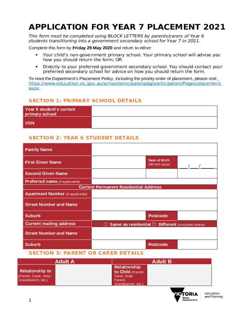 ApplicationforYear7Placement2022.docx - Application ... Doc Template ...