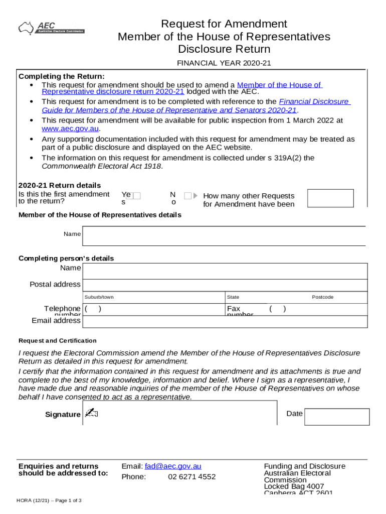 Request for Amendment - Political Campaigner Disclosure Return Doc Template | pdfFiller