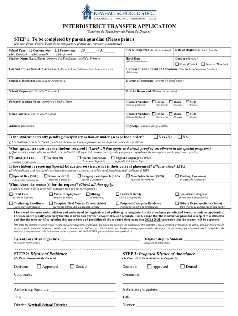 Fillable Online INTERDISTRICT TRANSFER APPLICATION - Newhall School ...