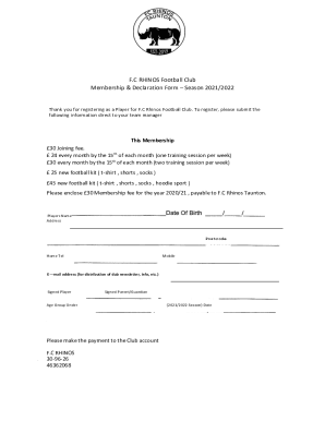 Fillable Online F.C RHINOS Football Club Membership & Declaration Form ...