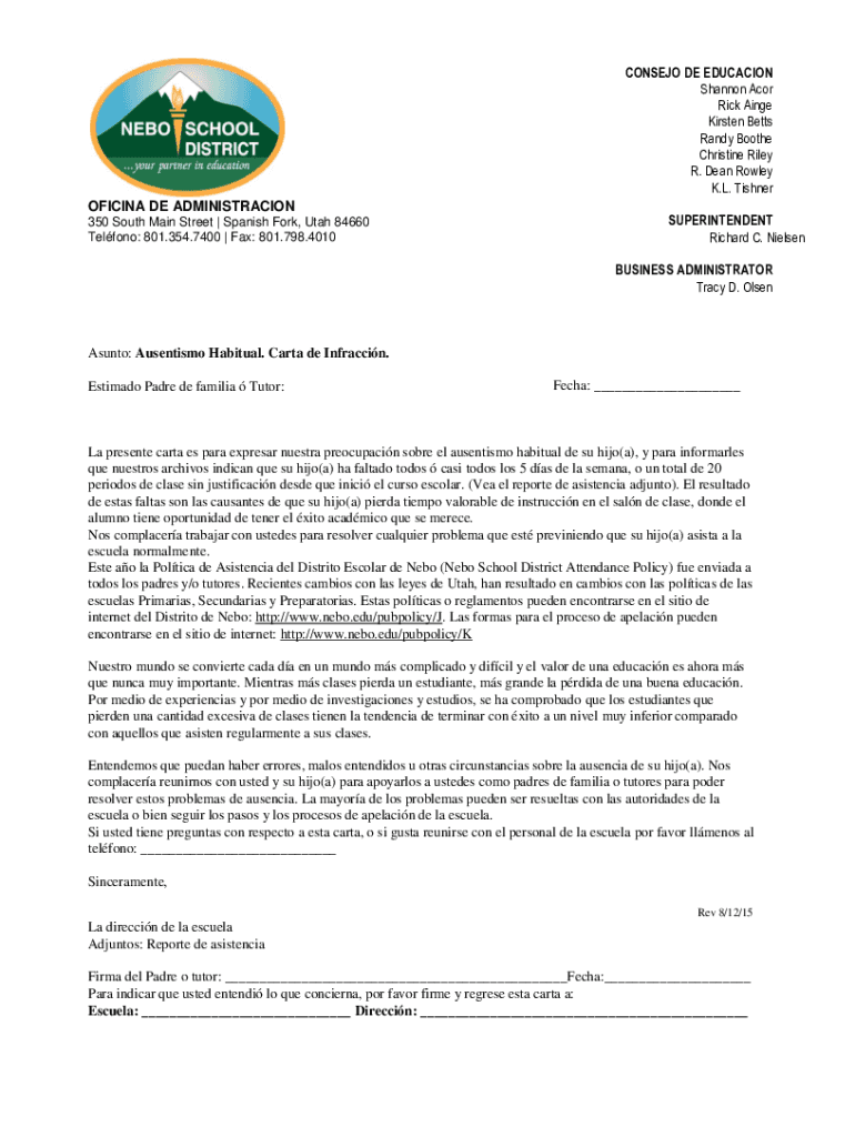 Fillable Online Ausentismo Habitual. Carta de Infraccin. Estimado Padre ...