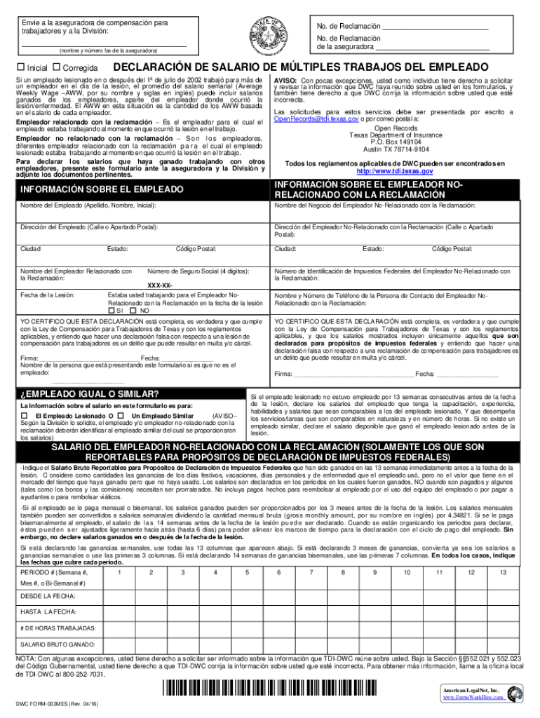 Fillable Online Form DWC-3MES - Employee's Multiple Employment Wage ...