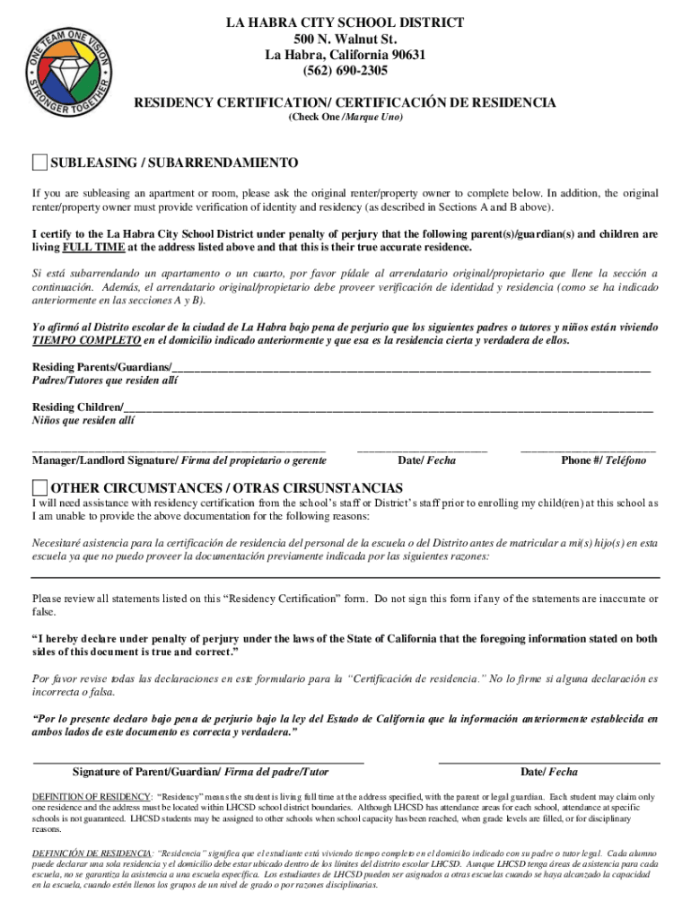 Fillable Online Residency Certification Form (Eng-Span).pdf - La Habra ...