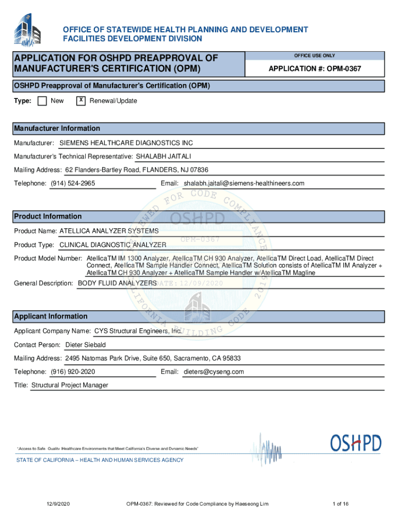 Fillable Online OSHPD Preapproval of Manfacturers Certification (OPM ...