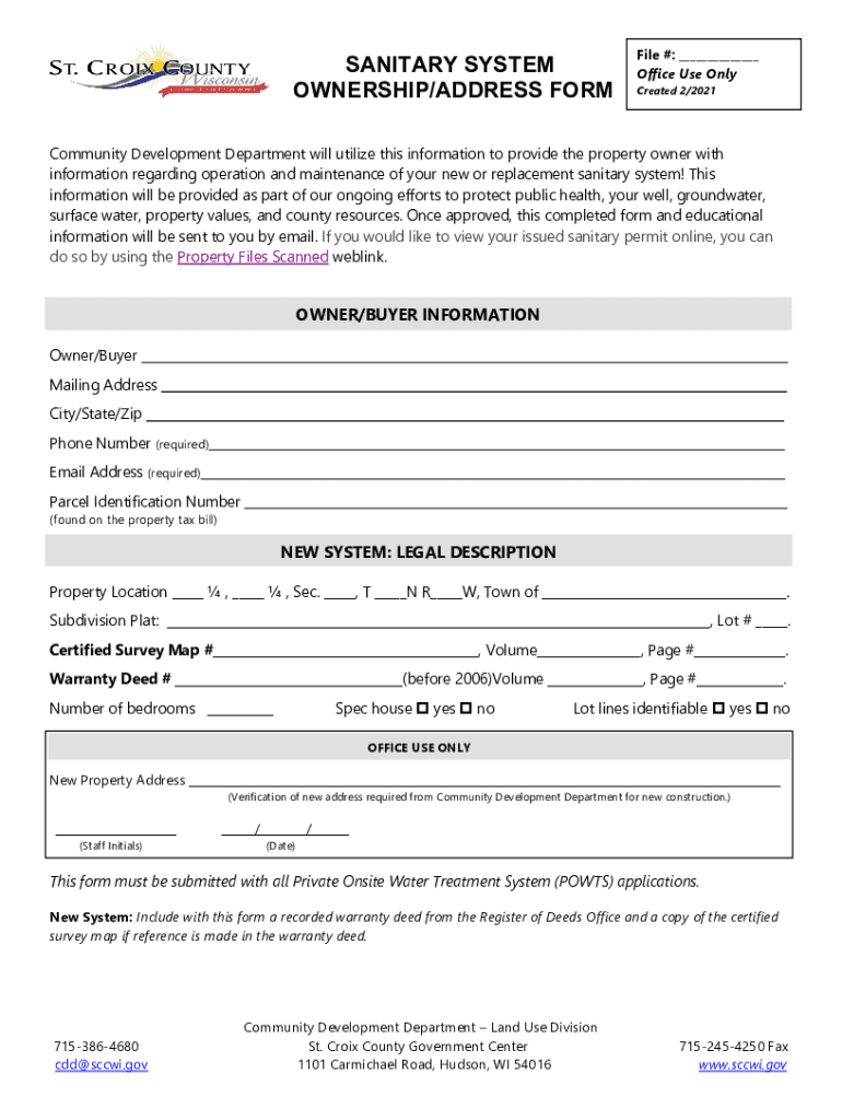 Fillable Online Sanitary System Ownership and Address Form Fax Email ...