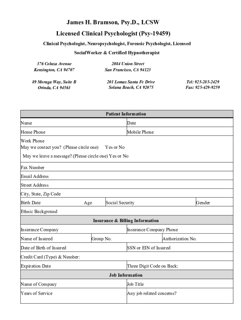 Fillable Online Fillable Online James H. Bramson, Psy.D., LCSW Licensed ...