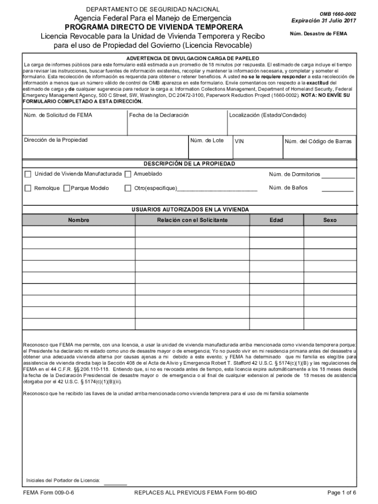 Fillable Online Form 009 0 6 009 0 6 Temporary Housing Progam Receipt ...
