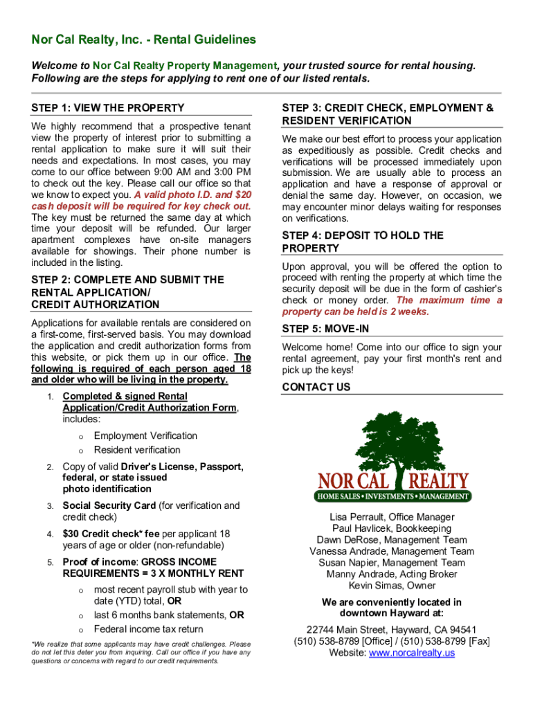 Fillable Online Nor Cal Realty, Inc. - Rental Guidelines Fax Email ...