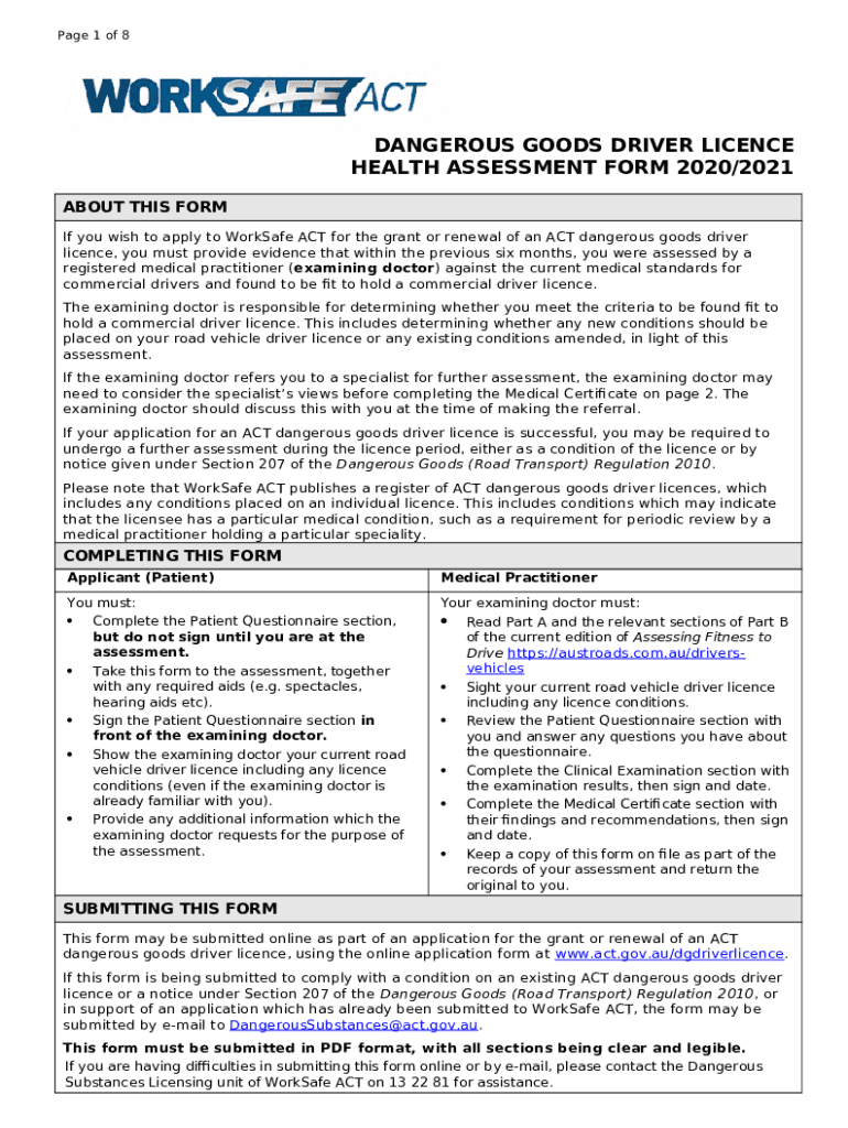Dangerous goods driver health assessment - WorkSafe ACT Doc Template ...