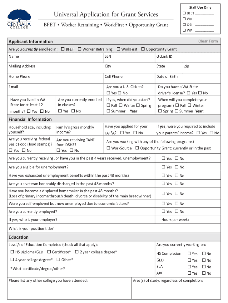 Fillable Online Universal Application for Grant Services BFET WRT BFET ...