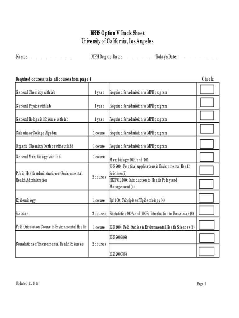 Fillable Online ehs ph ucla REHS Option V Track Sheet University of ...