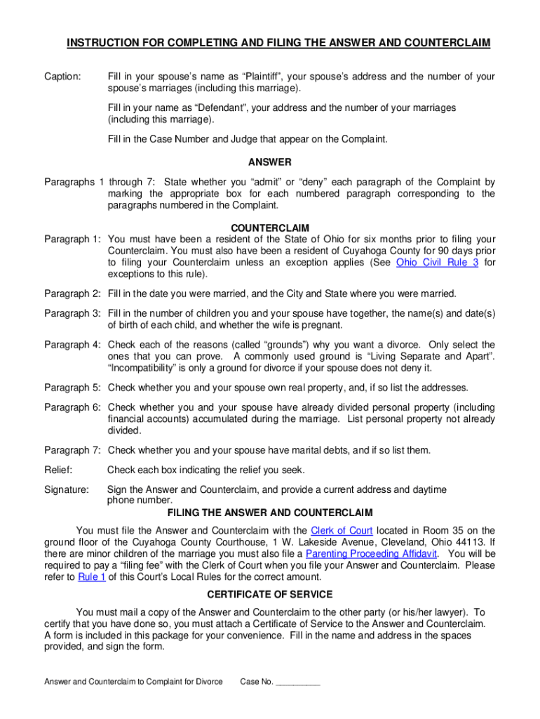 Fillable Online domestic cuyahogacounty Get the free Answer to Complaint with Counterclaim ...