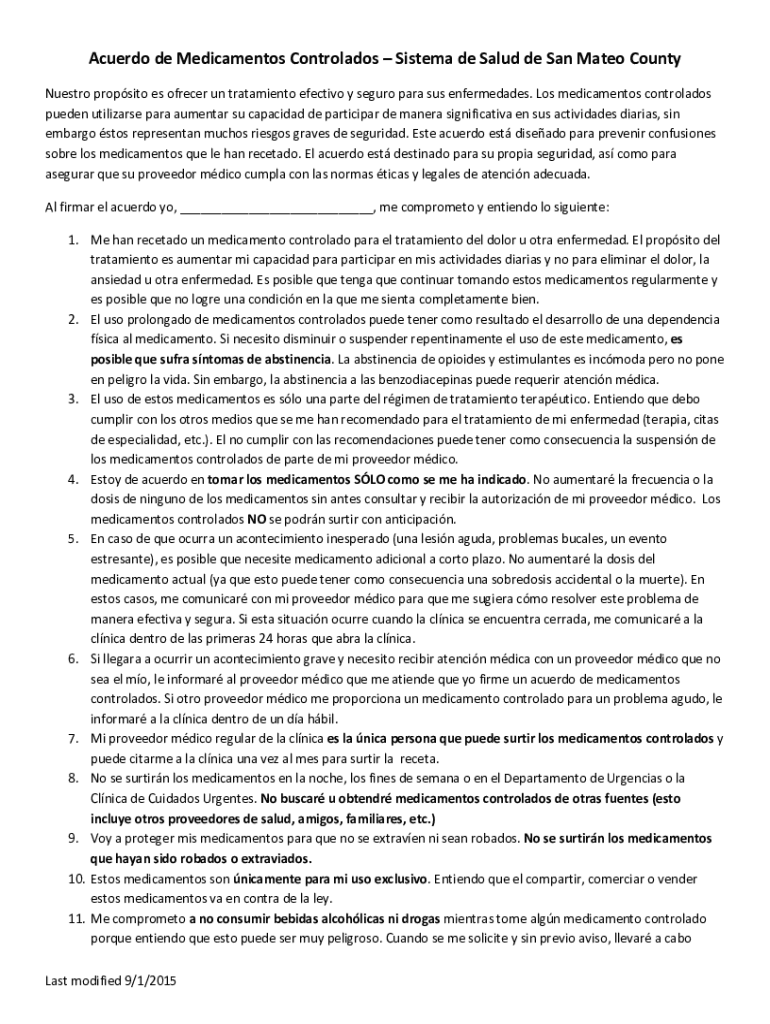 Fillable Online Controlled Medication Agreement- San Mateo County ...