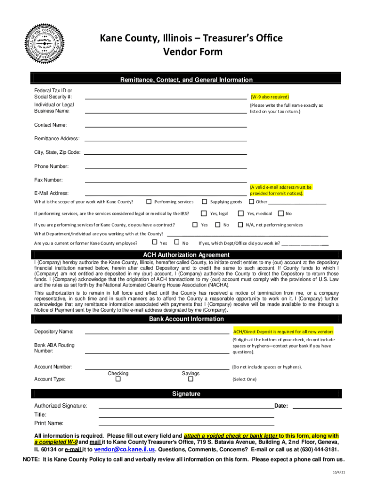 Fillable Online Kane County, Illinois Department of Finance Vendor Form Fax Email Print - pdfFiller