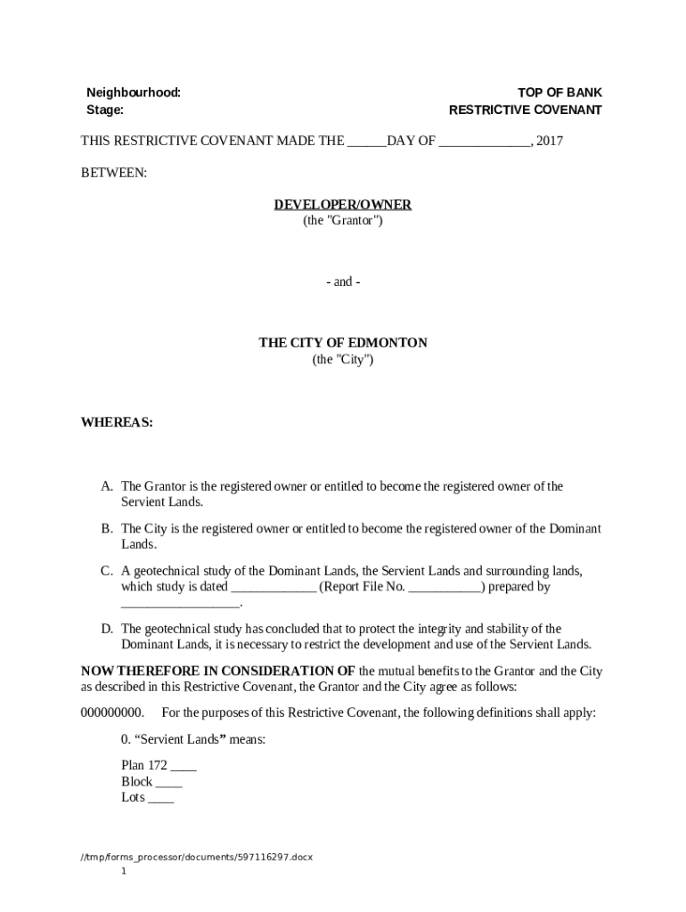 Standard Provisions/at Top of Bank Restrictive Covenant Doc Template ...