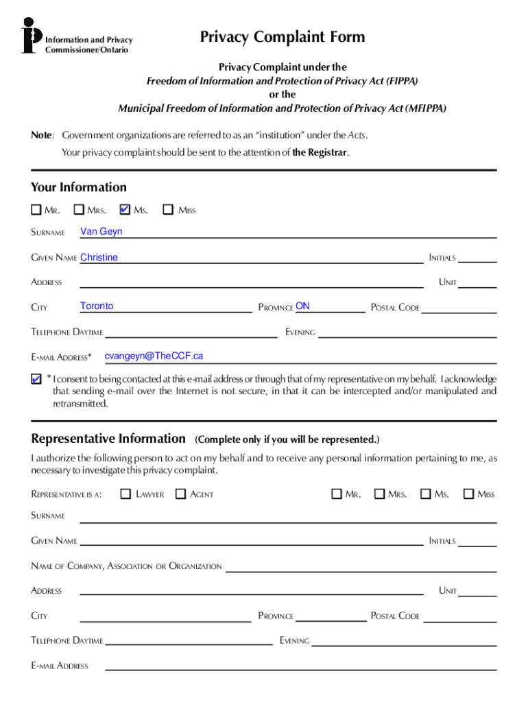 Fillable Online Privacy Complaint Form. A form for filing a privacy ...