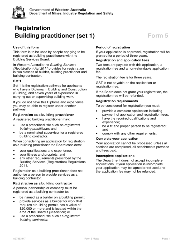 Fillable Online Registration Building practitioner (set 1) Form 5 Fax ...