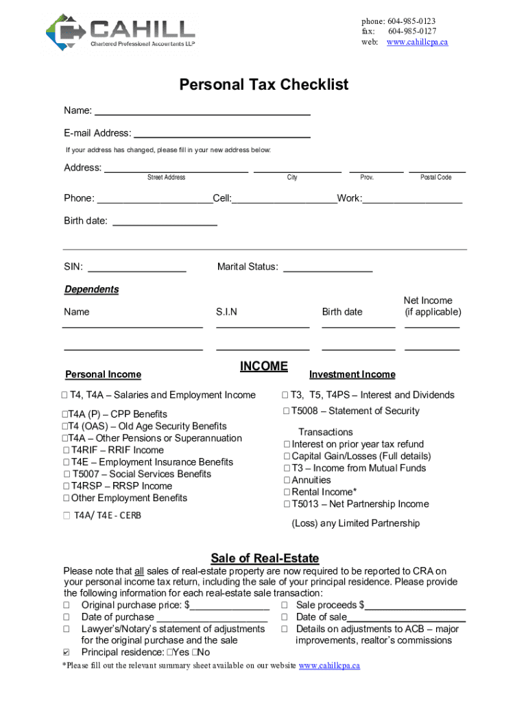 Fillable Online Fillable Online Personal Tax Checklist - cahillpro.com ...
