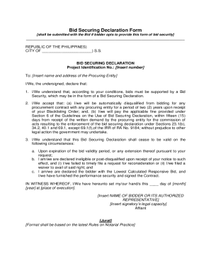 Fillable Online Bid Securing Declaration Form - Food and Drug ...